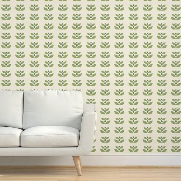 Spoonflower Scandinavian Leaves Mod 100% Natural Sisal Grasscloth Wallcovering - Green