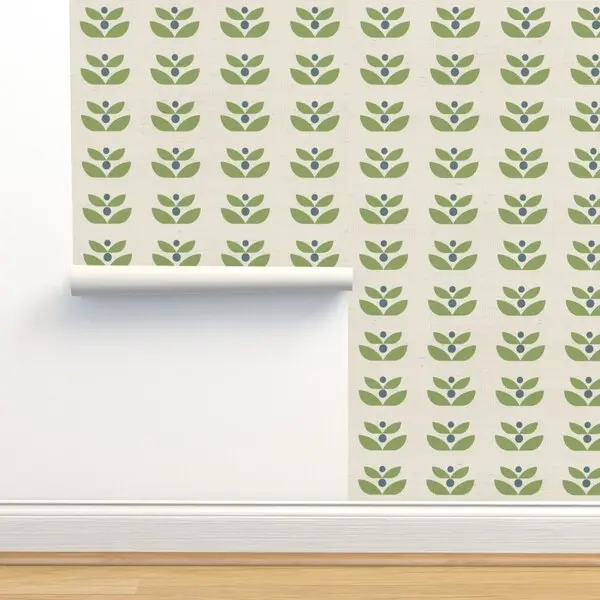 Spoonflower Scandinavian Leaves Mod 100% Natural Sisal Grasscloth Wallcovering - Green