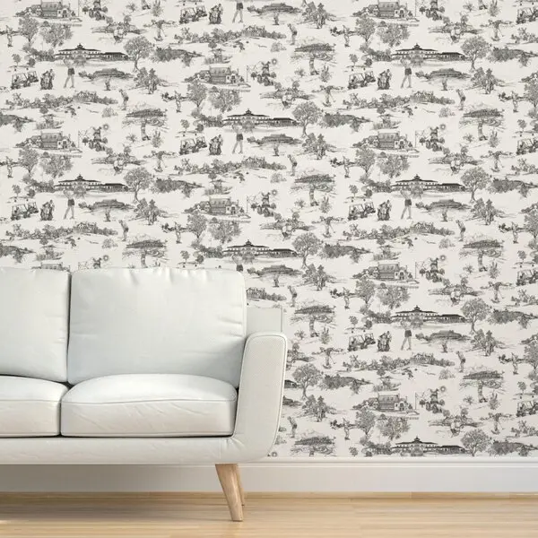 Spoonflower Toile And White 100% Natural Sisal Grasscloth Wallcovering - Black