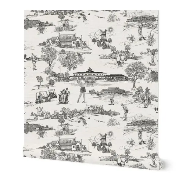 Spoonflower Toile And White 100% Natural Sisal Grasscloth Wallcovering - Black
