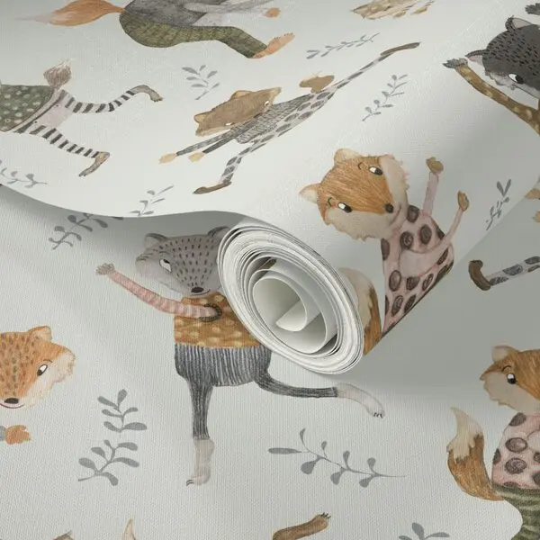 Spoonflower Foxes Woodland Animals Forest Sage Dancing Custom Pre-pasted Wallpaper - Gray,brown