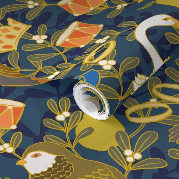 Spoonflower Christmas Pears Turtle Doves Custom Pre-pasted Wallpaper - Gold,blue,gray