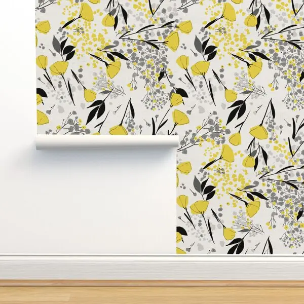 Spoonflower Tossed Yellow Wild Poppies 100% Natural Sisal Grasscloth Wallcovering - White,yellow,gray