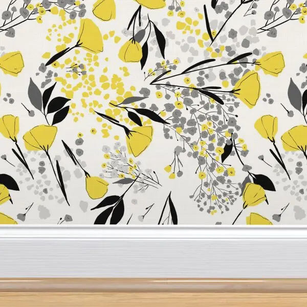 Spoonflower Tossed Yellow Wild Poppies 100% Natural Sisal Grasscloth Wallcovering - White,yellow,gray