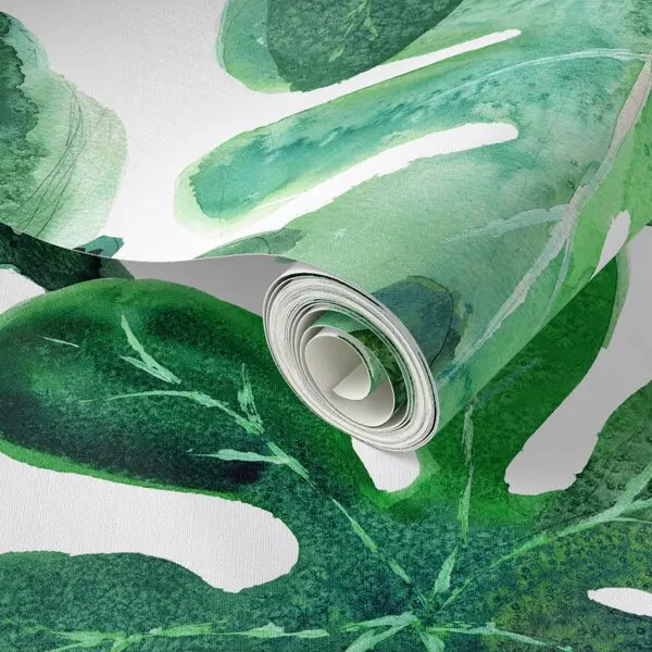 Spoonflower Tropical Leaves Palm Monstera Jungle Medium Custom Removable Wallpaper - Green