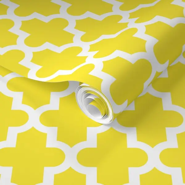 Spoonflower Yellow Moroccan Modern Pattern Quatrefoil Lattice Custom Pre-pasted Wallpaper - Yellow,white,beige