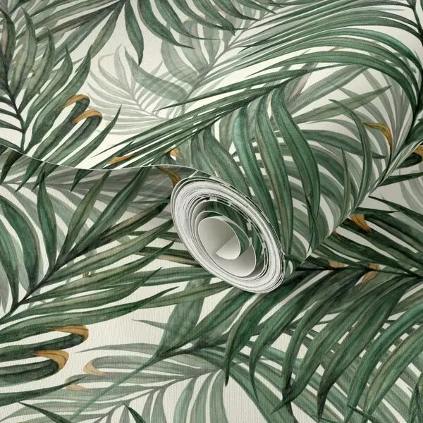 Spoonflower Palm Leaves King Pineapple Tropical Green Jungle Custom Pre-pasted Wallpaper - Green,beige,white