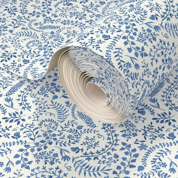 Spoonflower Veronica Cobalt On 100% Natural Sisal Grasscloth Wallcovering - White