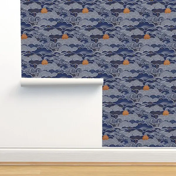 Spoonflower Cozy Night Sky Navy Blue Medium Full Moon And 100% Natural Sisal Grasscloth Wallcovering - Blue,navy,indigo
