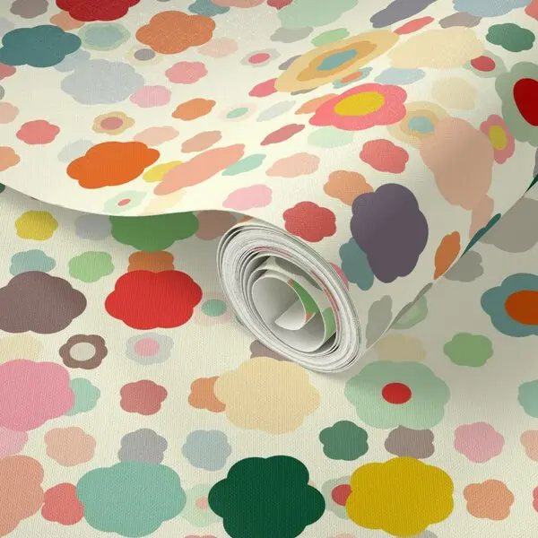 Spoonflower Flower Garden Dot Colorful Floral Abstract Custom Pre-pasted Wallpaper - Beige,red,green