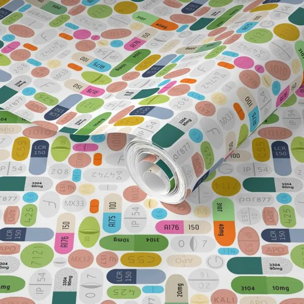 Spoonflower Pills Drugs Depression Custom Pre-pasted Wallpaper - White,blue,yellow