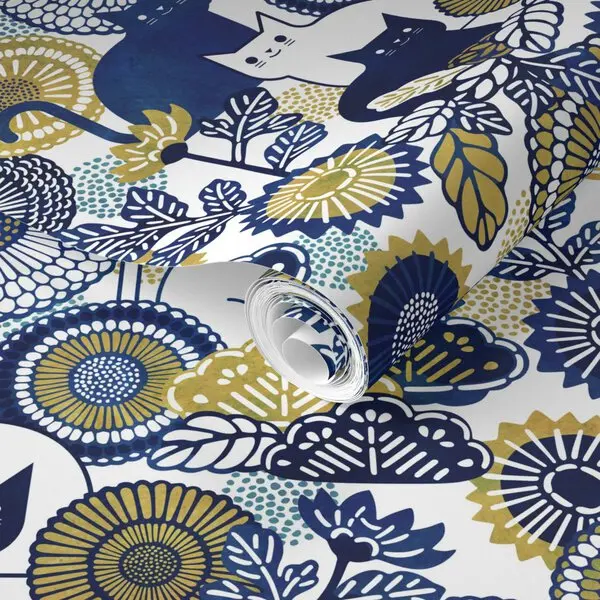 Spoonflower White Blue Yellow Flowers Gold Japanese Cats Cat Custom Removable Wallpaper - Green,yellow,blue