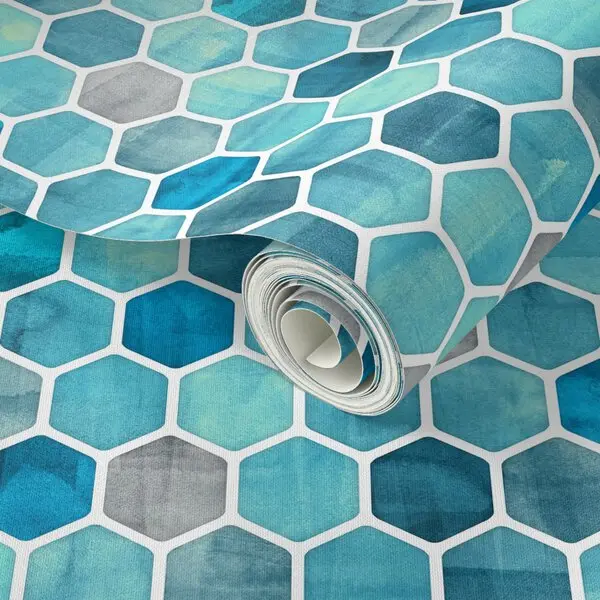 Spoonflower Teal Geometric Ink Watercolor Honeycomb Hexagon Traditional Wallpaper - Blue,teal