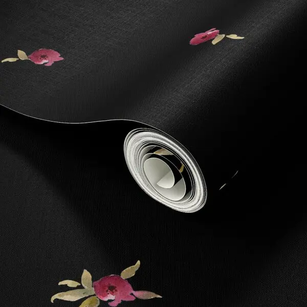 Spoonflower Roses Boho Red Black Floral Flowers Custom Removable Wallpaper - Black,red,brown