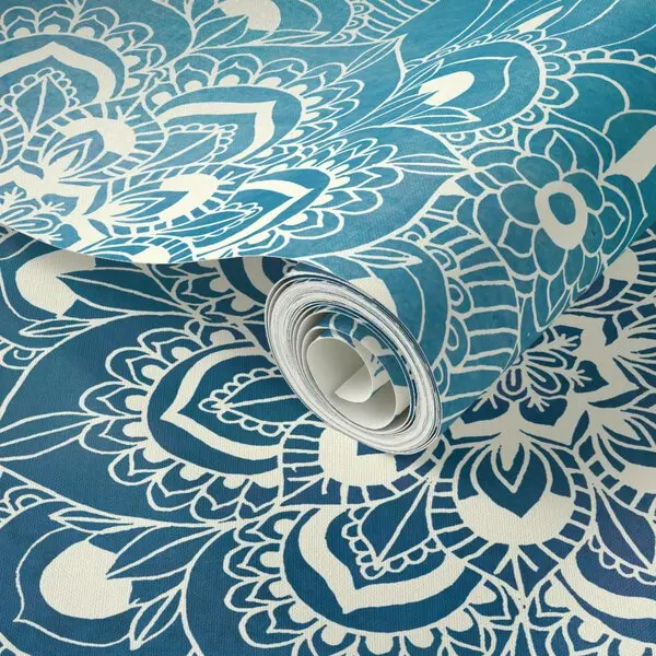 Spoonflower Ocean Blue Doodle Diamonds Art Deco Elegant Custom Pre-pasted Wallpaper - Blue,teal
