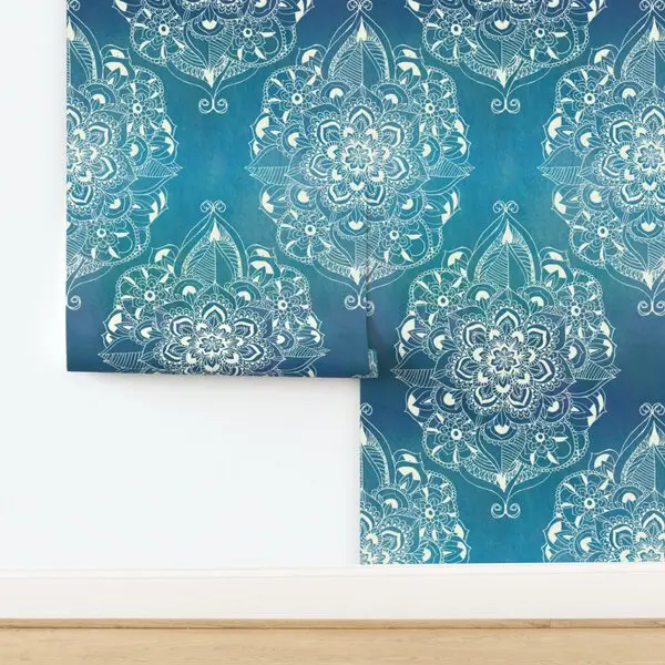 Spoonflower Ocean Blue Doodle Diamonds Art Deco Elegant Custom Pre-pasted Wallpaper