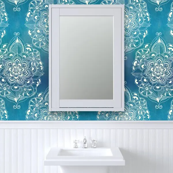Spoonflower Ocean Blue Doodle Diamonds Art Deco Elegant Custom Pre-pasted Wallpaper