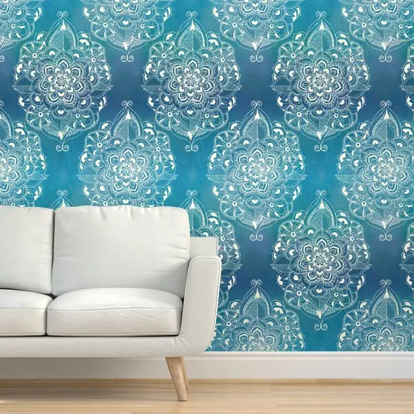 Spoonflower Ocean Blue Doodle Diamonds Art Deco Elegant Custom Pre-pasted Wallpaper