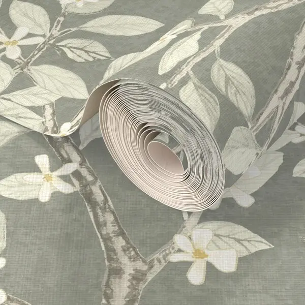 Spoonflower Silver And Blush Elsie's Garden 100% Natural Sisal Grasscloth Wallcovering - Pink