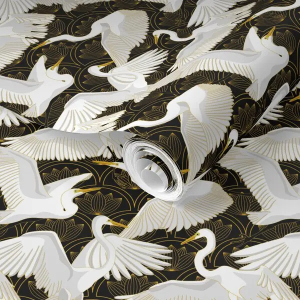 Spoonflower Black Birds Gold Animals Art Deco Lily Water Custom Removable Wallpaper - Gray,black,brown