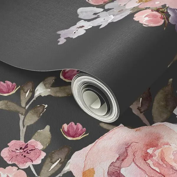 Spoonflower Boho Purple Lilac Floral Flowers Pink Custom Pre-pasted Wallpaper - Gray,pink,black