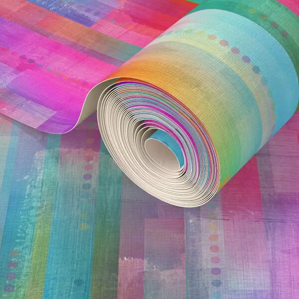 Spoonflower Stripe Painterly Collage Colorful Abstract 100% Natural Sisal Grasscloth Wallcovering - Rainbow