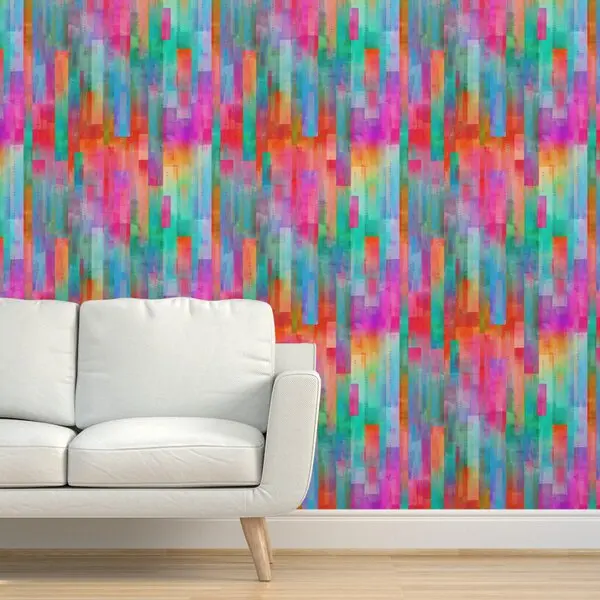 Spoonflower Stripe Painterly Collage Colorful Abstract 100% Natural Sisal Grasscloth Wallcovering - Rainbow