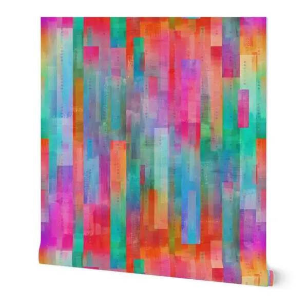 Spoonflower Stripe Painterly Collage Colorful Abstract 100% Natural Sisal Grasscloth Wallcovering - Rainbow