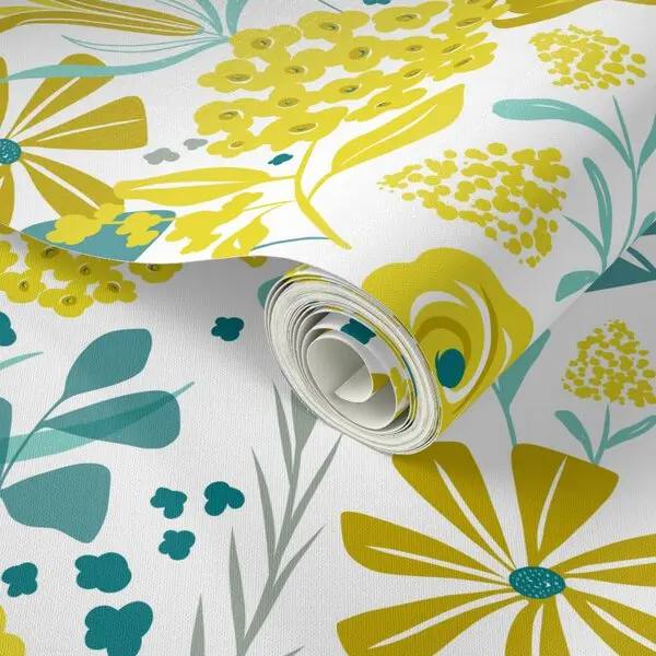 Spoonflower Modern Floral Mustard Yellow Teal Florals Flowers Custom Pre-pasted Wallpaper - Yellow,green,blue
