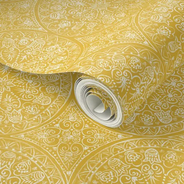 Spoonflower Floral Swirls Abstract Custom Removable Wallpaper - Orange,green,beige