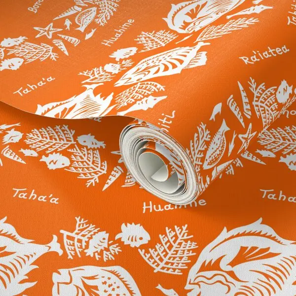 Spoonflower Tiki Aloha Hawaii Ocean Tropical Tahitian Mid Custom Pre-pasted Wallpaper - Orange,gray