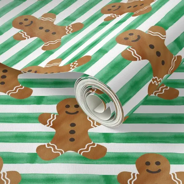 Spoonflower Green Stripes Gingerbread Cookie Christmas Custom Removable Wallpaper - Green,brown,beige