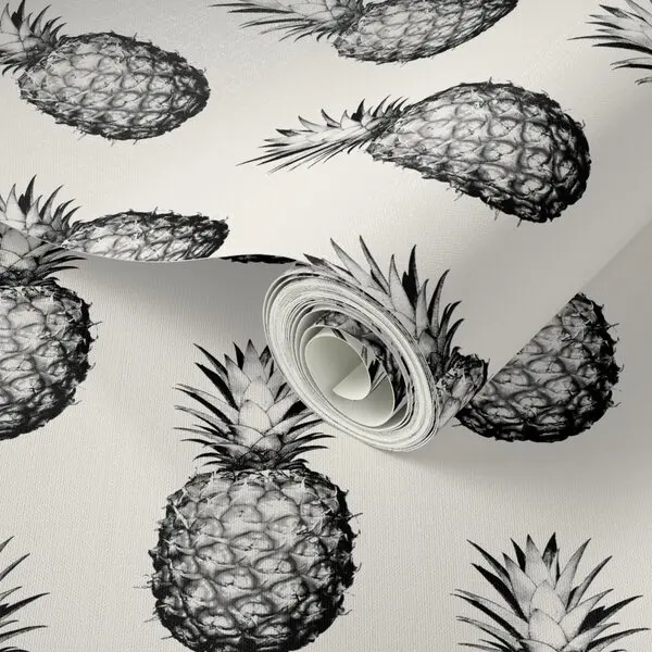 Spoonflower Pineapples Black Cream Large Pineapple Fruit Custom Pre-pasted Wallpaper - Black,beige,gray