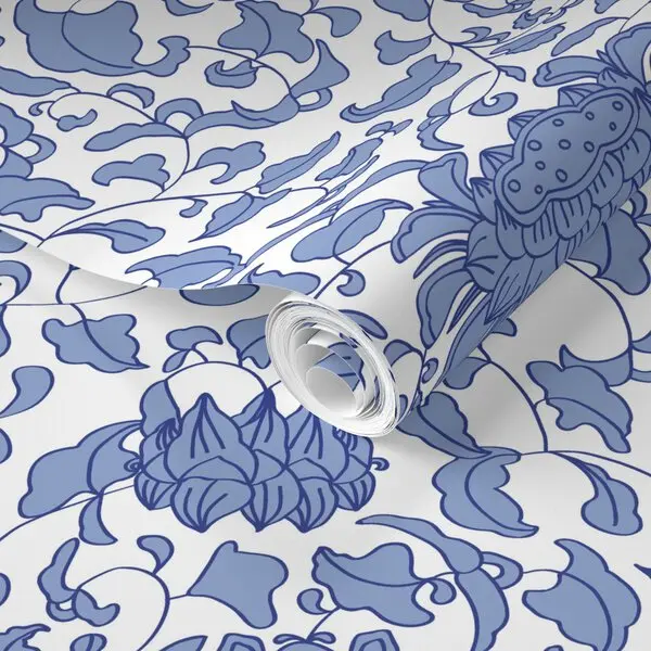 Spoonflower Asian Flowers Leaves Floral Preppy Damask Custom Pre-pasted Wallpaper - Blue,white