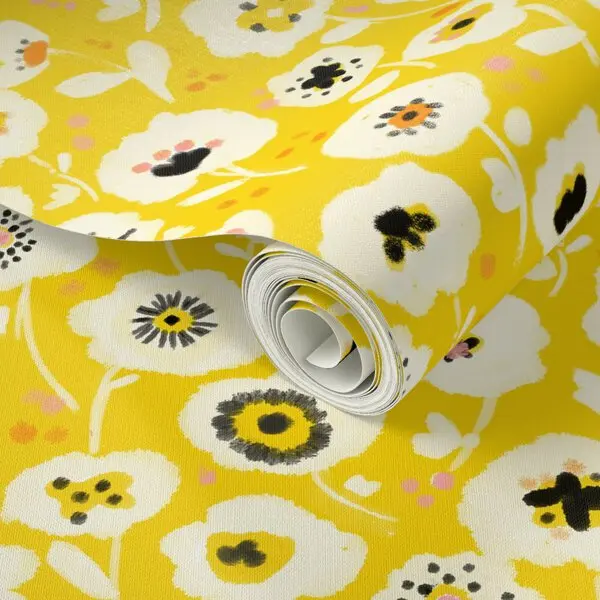 Spoonflower Spring Blooms Flowers Garden Blossom Sweet Yellow Traditional Wallpaper - Yellow,white,beige