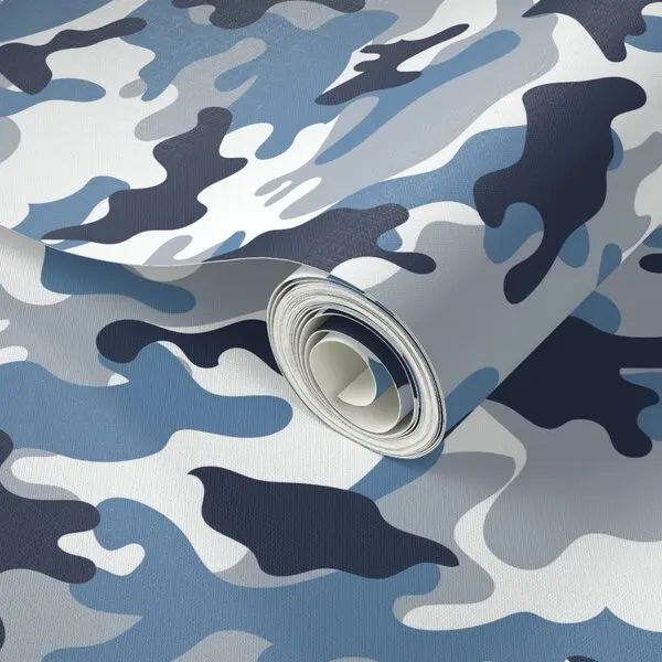 Spoonflower Blue White Camouflage Pattern Camo Water Abstract Custom Removable Wallpaper - Blue,gray,white