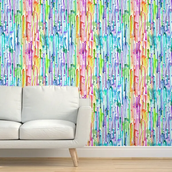 Spoonflower Happy Colorful Watercolor Paint Drips Custom Pre-pasted Wallpaper