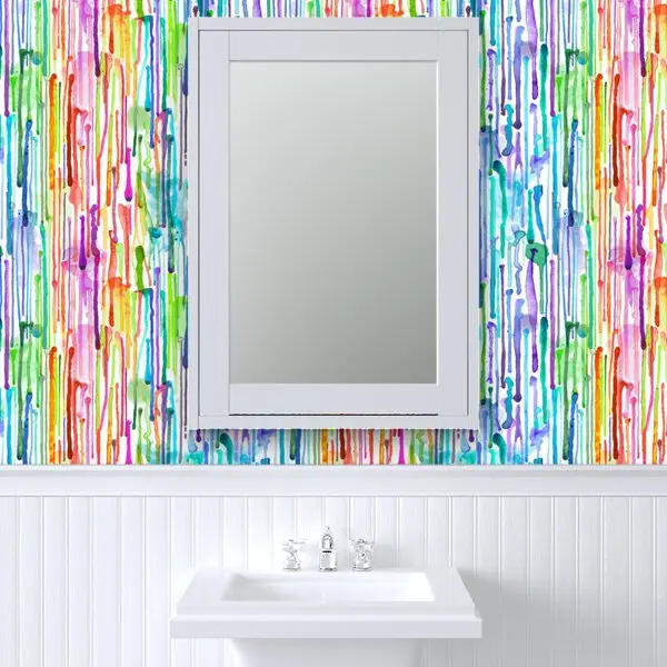 Spoonflower Happy Colorful Watercolor Paint Drips Custom Pre-pasted Wallpaper