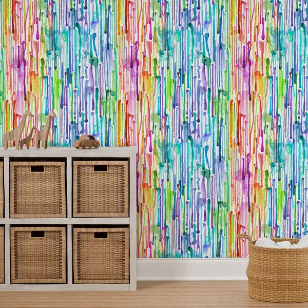 Spoonflower Happy Colorful Watercolor Paint Drips Custom Pre-pasted Wallpaper