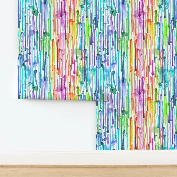 Spoonflower Happy Colorful Watercolor Paint Drips Custom Pre-pasted Wallpaper