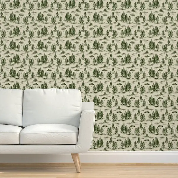 Spoonflower Small Scale Forest & Cream Alien Abduction 100% Natural Sisal Grasscloth Wallcovering