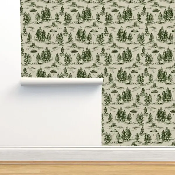 Spoonflower Small Scale Forest & Cream Alien Abduction 100% Natural Sisal Grasscloth Wallcovering