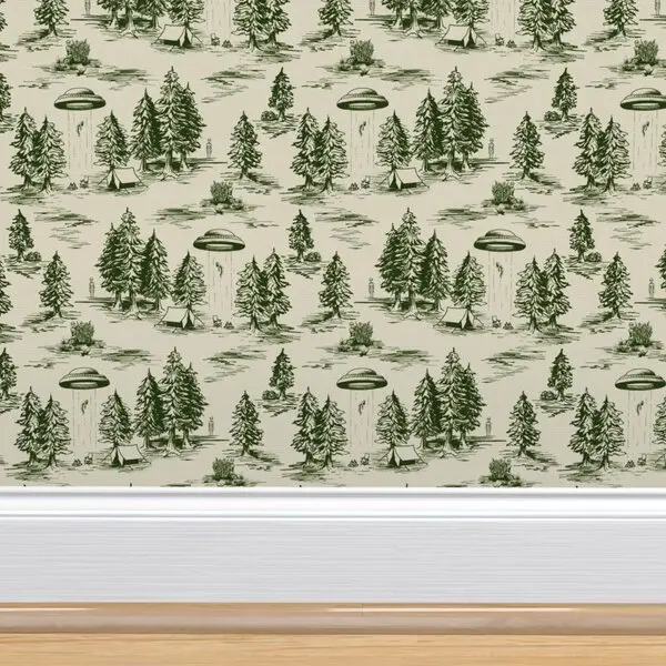 Spoonflower Small Scale Forest & Cream Alien Abduction 100% Natural Sisal Grasscloth Wallcovering