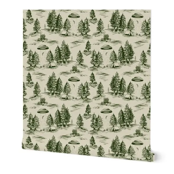 Spoonflower Small Scale Forest & Cream Alien Abduction 100% Natural Sisal Grasscloth Wallcovering