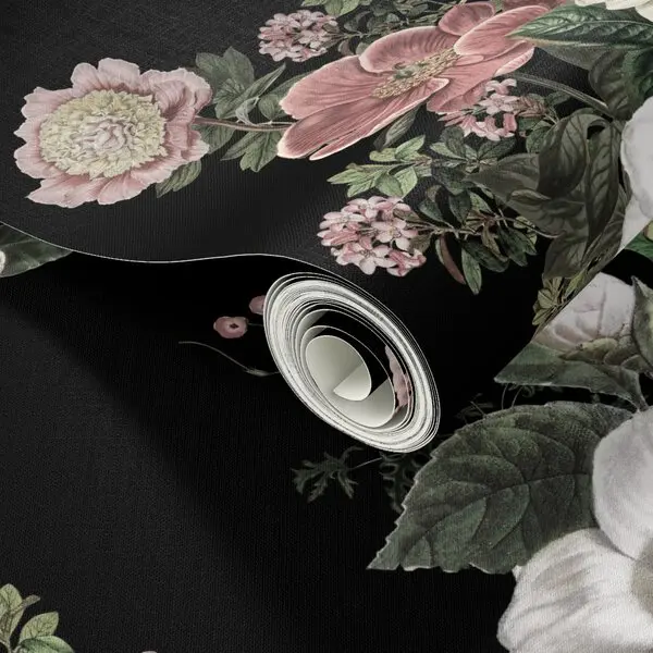 Spoonflower Vintage Floral Flowers Shabby Chic Boho Bouquet Custom Pre-pasted Wallpaper - Black,pink,gray