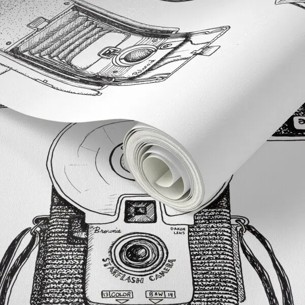 Spoonflower Cameras Vintage Photography Black And White Camera Custom Pre-pasted Wallpaper - Black,white,gray