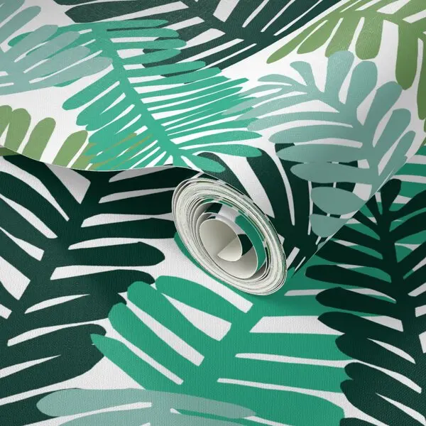 Spoonflower Palm Palms Tropical Custom Pre-pasted Wallpaper - Mint,green,blue
