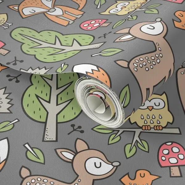 Spoonflower Deer Forest Woodland Owls Animals Hedgehog Custom Removable Wallpaper - Gray,green,beige