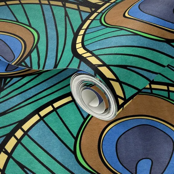 Spoonflower Peacock Art Deco Fan Pattern Feather Blue Green Custom Pre-pasted Wallpaper - Green,brown,black