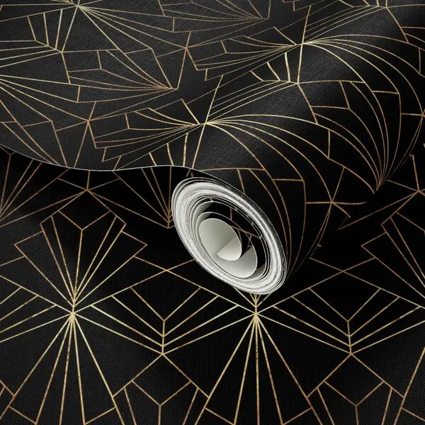 Spoonflower Gold Geometric Pattern Art Deco Black Background Custom Pre-pasted Wallpaper - Black,gray,brown
